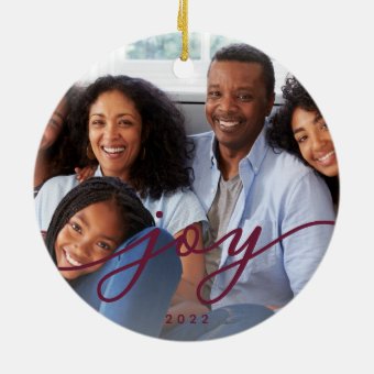 Joy Script | Family Name Double Sided Photo Ceramic Ornament | Zazzle