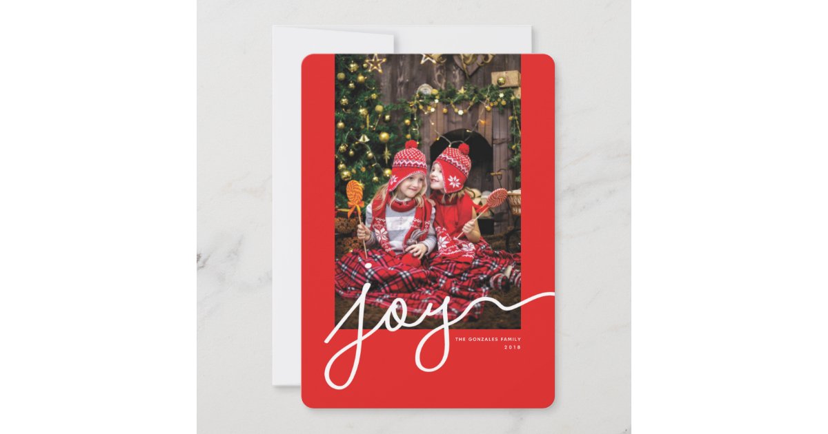 Joy Script Personalized Photo Red Holiday Card | Zazzle