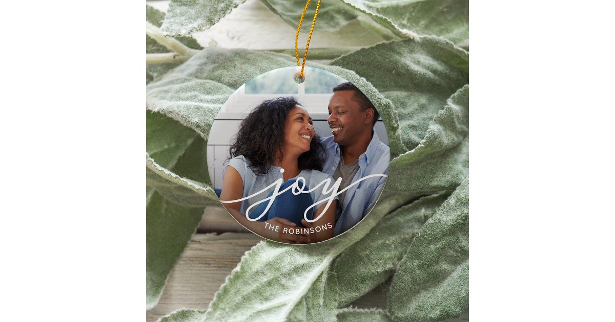 Joy Script | Photo Ceramic Ornament | Zazzle