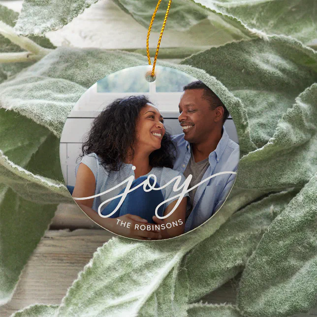 Joy Script | Photo Ceramic Ornament | Zazzle