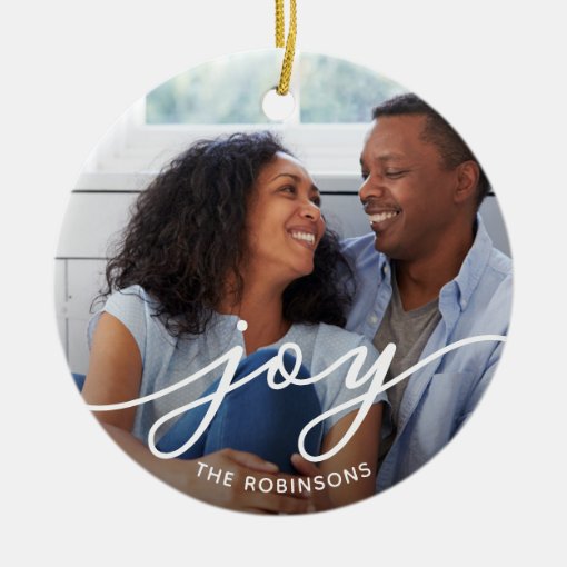 Joy Script | Photo Ceramic Ornament | Zazzle