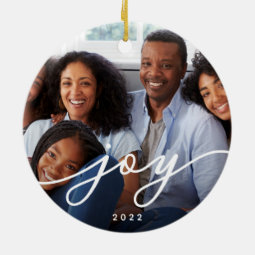 Joy Script | Photo Ceramic Ornament | Zazzle