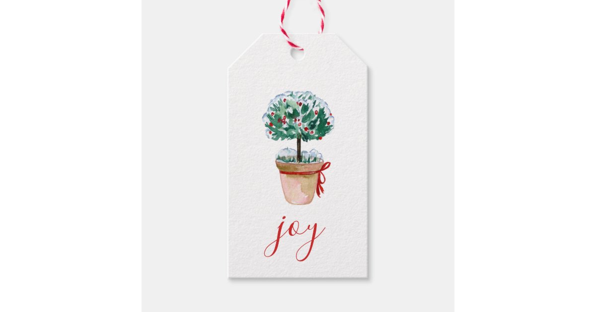 Joy Script Watercolor Christmas Potted Topiary Gift Tags | Zazzle