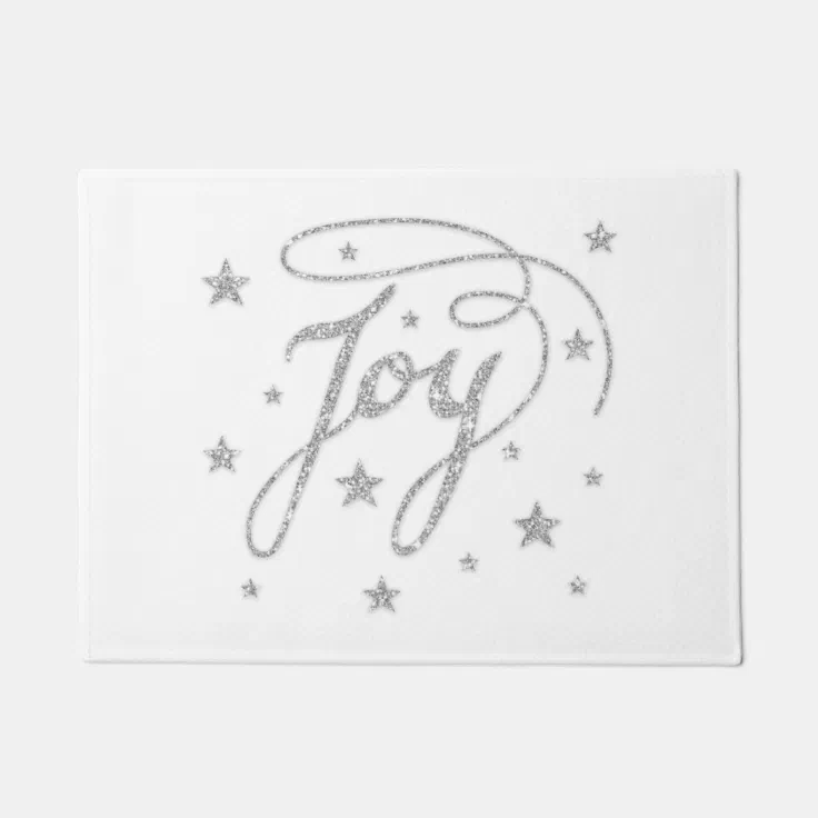 JOY Text Faux Silver Glitter Look Christmas Doormat | Zazzle