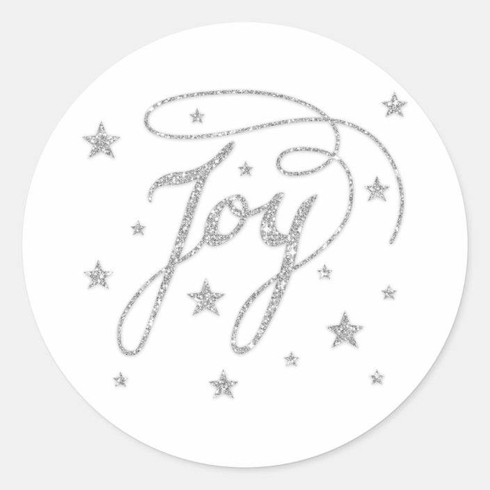 JOY Text In Faux Silver Glitter Look With Stars Classic Round Sticker ...