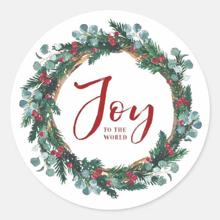 Joy to the World Evergreen Wreath Christmas Classic Round Sticker | Zazzle