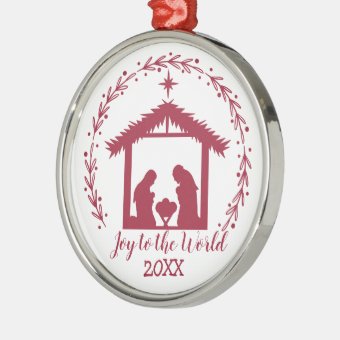Joy to the World Red Nativity Metal Ornament | Zazzle