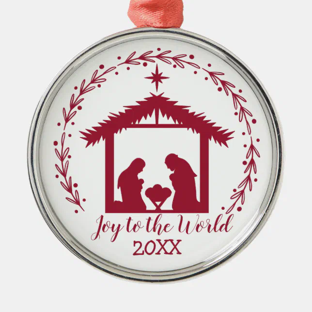 Joy to the World Red Nativity Metal Ornament | Zazzle