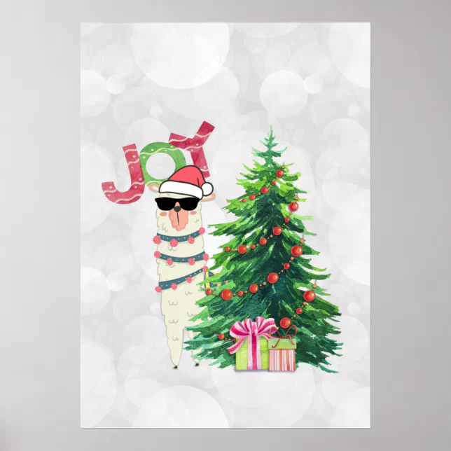 Joy Typography | Christmas Llama with Tree Poster | Zazzle