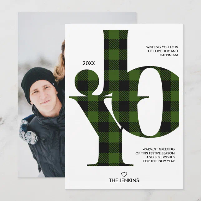 Joy Typography Green Buffalo Plaid Photo Holiday Invitation | Zazzle