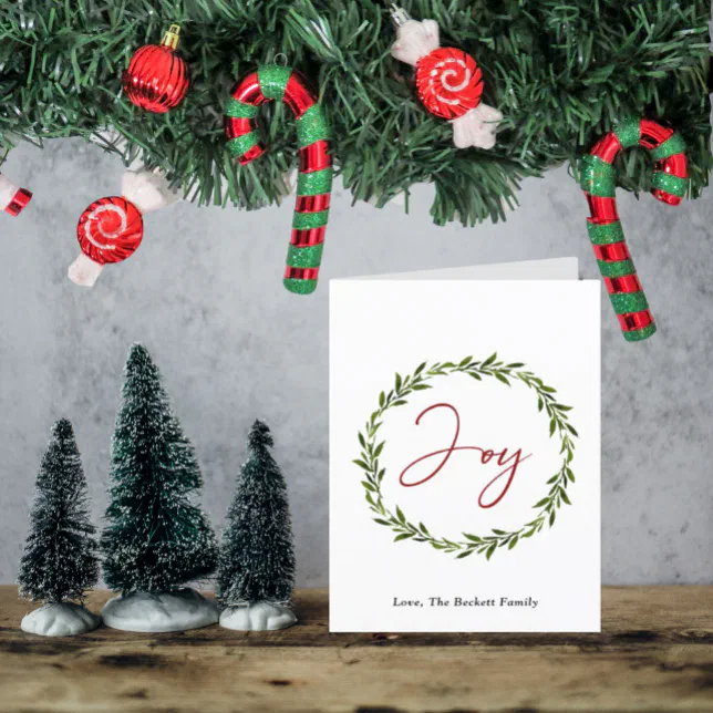 Joy Typography Script Wreath Photo Christmas Holiday Card | Zazzle