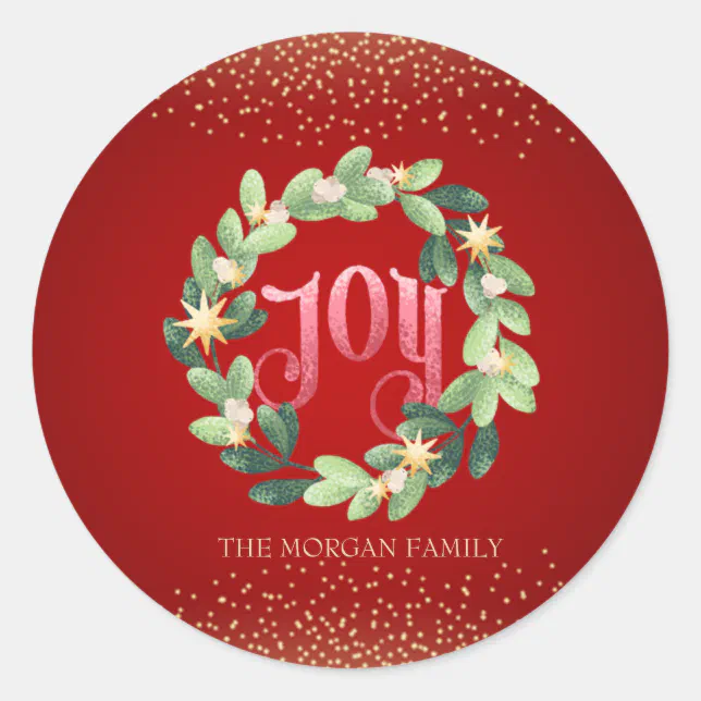 Joy,Wreath Christmas Classic Round Sticker | Zazzle
