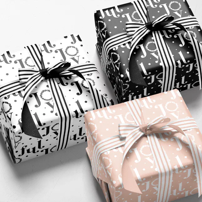 Joyful Bold Letter Black White & Pink Typographic Wrapping Paper Sheets ...