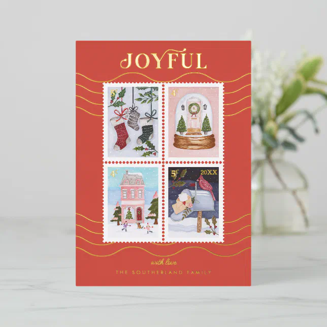 Joyful Festive Christmas Scenes Postage Stamps Foil Holiday Card | Zazzle