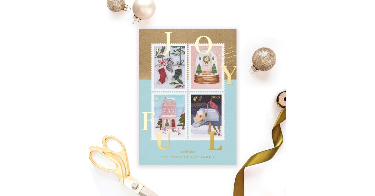 Joyful Fun Festive Christmas Scenes Postage Stamps Foil Holiday Card ...