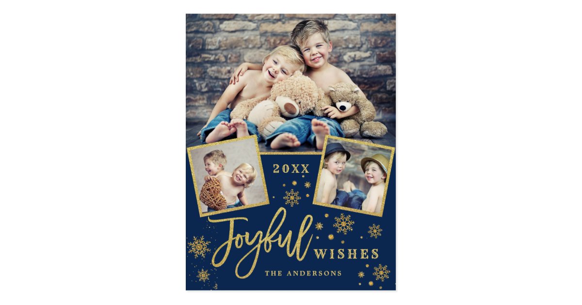 Joyful Gold Frame Modern Script 3 PHOTO Greeting Postcard | Zazzle.com