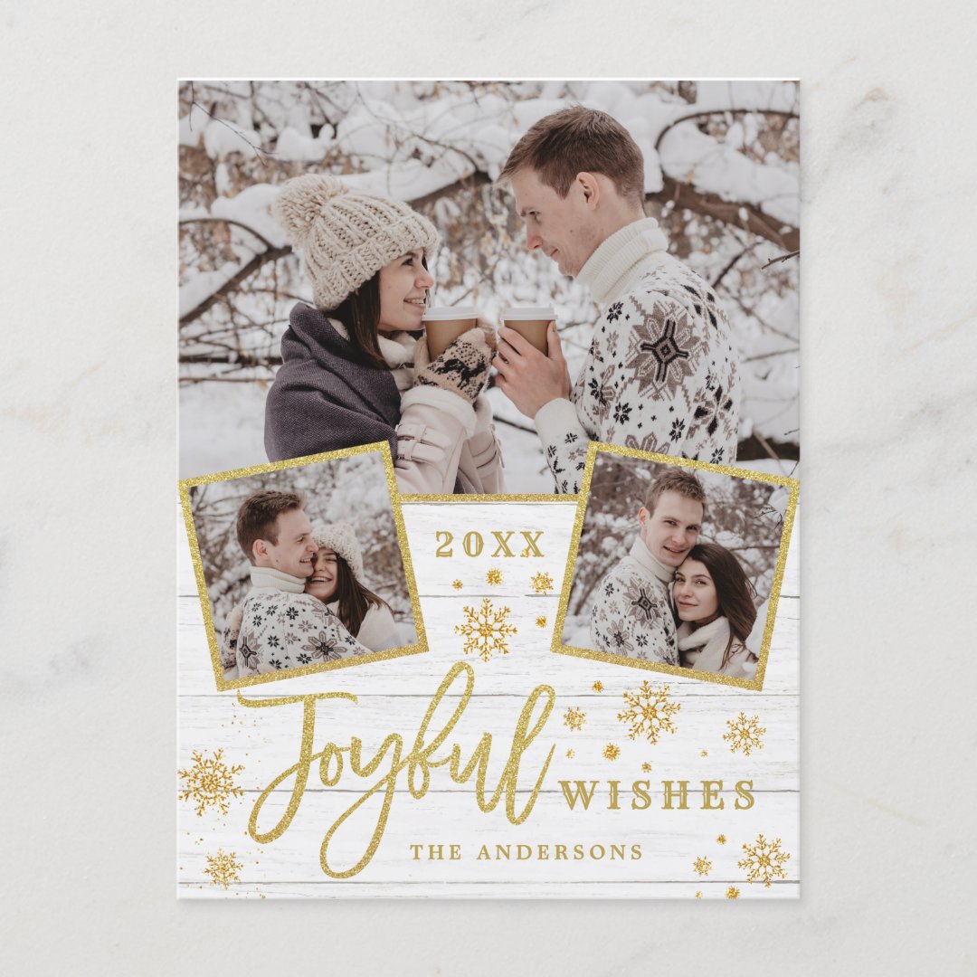 Joyful Gold Frame Modern Script 4 PHOTO Greeting Postcard | Zazzle