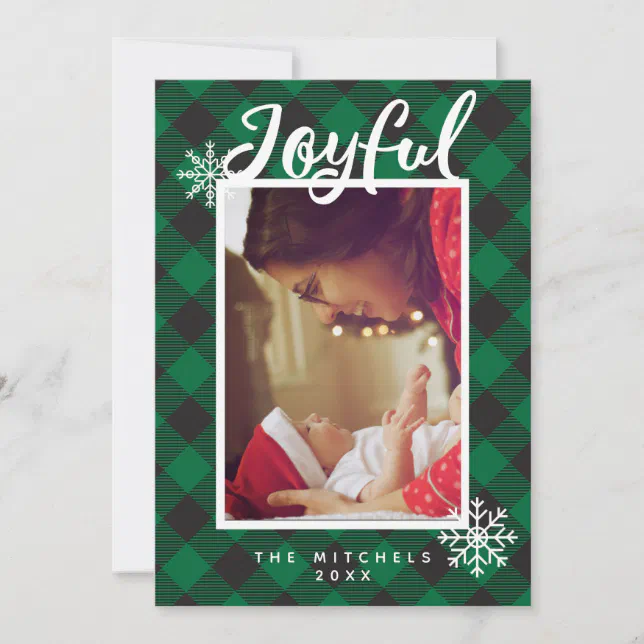 Joyful Green Buffalo Plaid Photo Card | Zazzle
