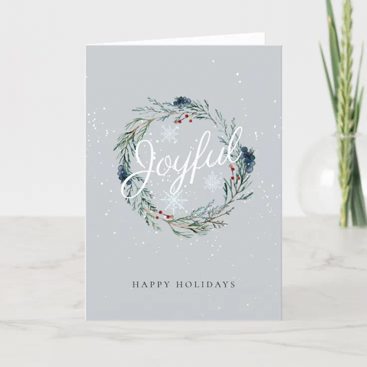 Joyful Happy Holidays Winter Wreath Snow Christmas Holiday Card | Zazzle