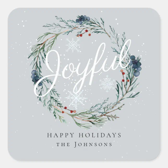 Joyful Happy Holidays Winter Wreath Snow Christmas Square Sticker | Zazzle