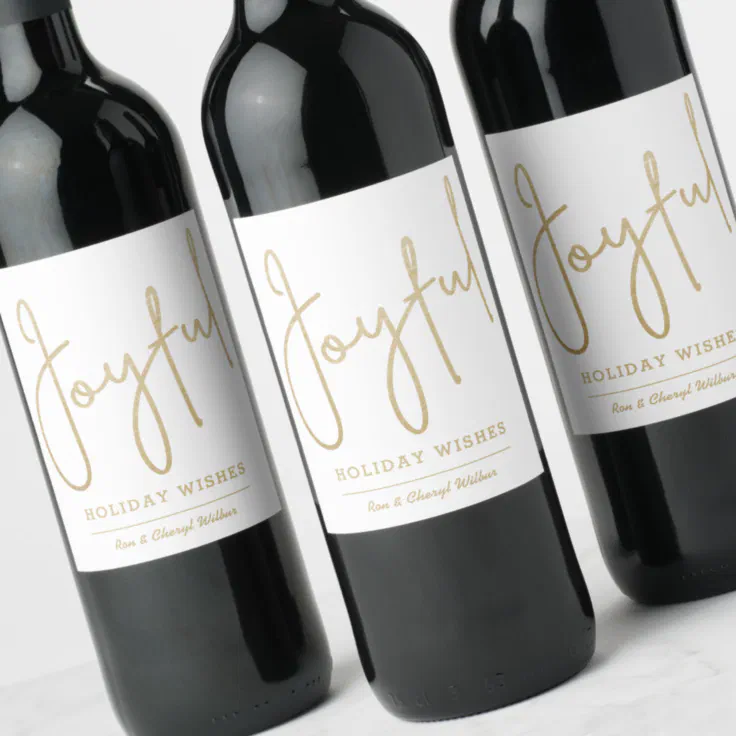 JOYFUL Holiday Wishes Gold Faux Foil Wine Label | Zazzle