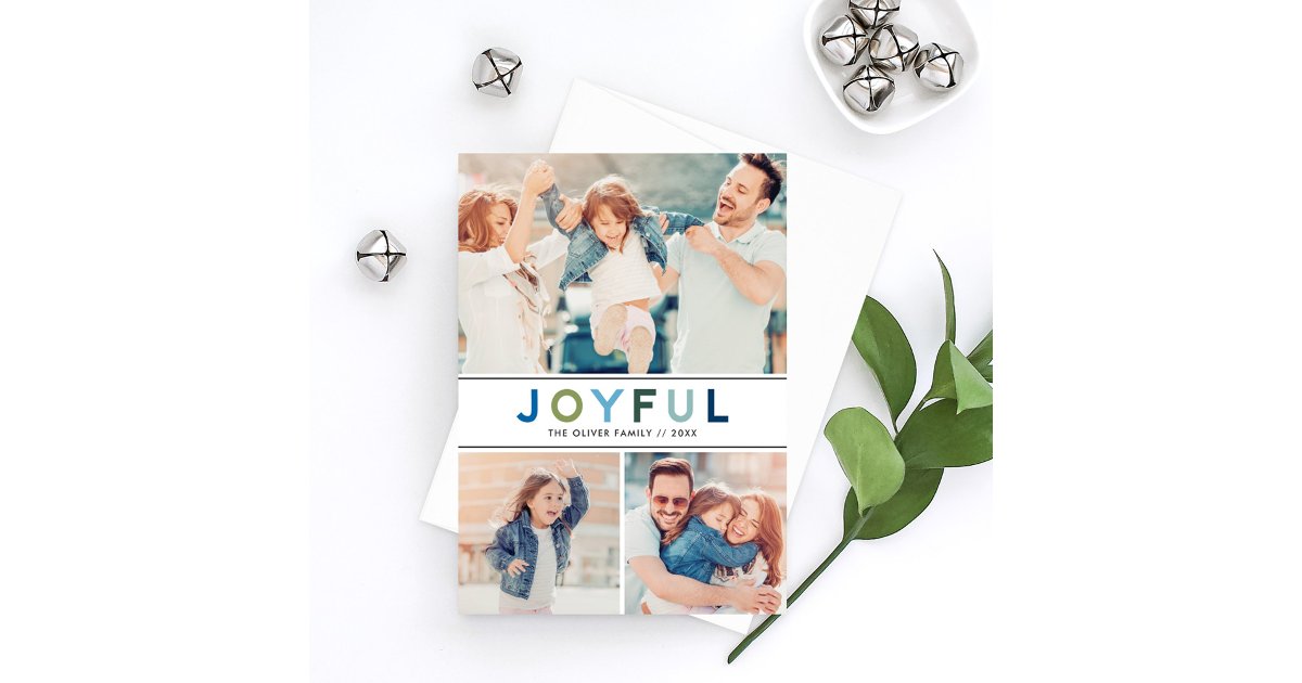 Joyful Modern Colorblock Photo Collage Holiday Card | Zazzle