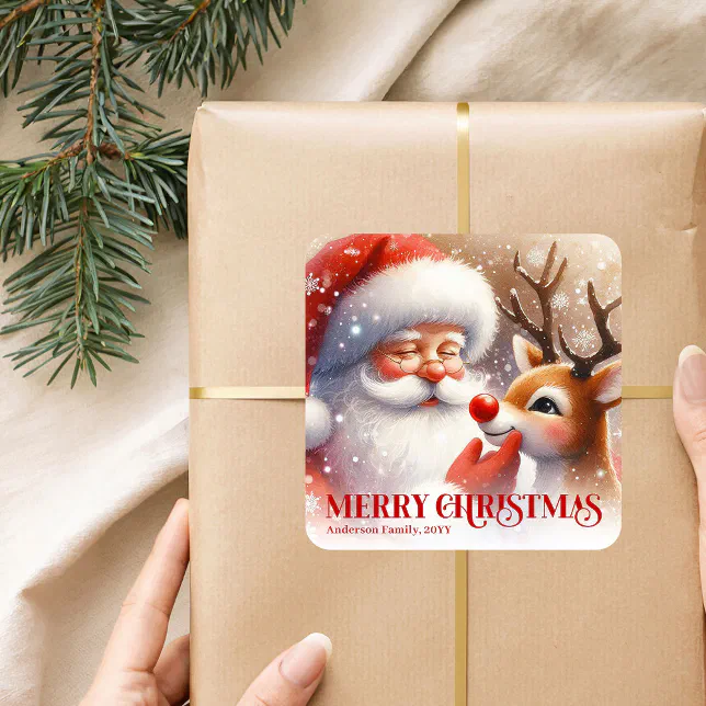 Joyful Personalized Santa and Rudolph Christmas Square Sticker | Zazzle