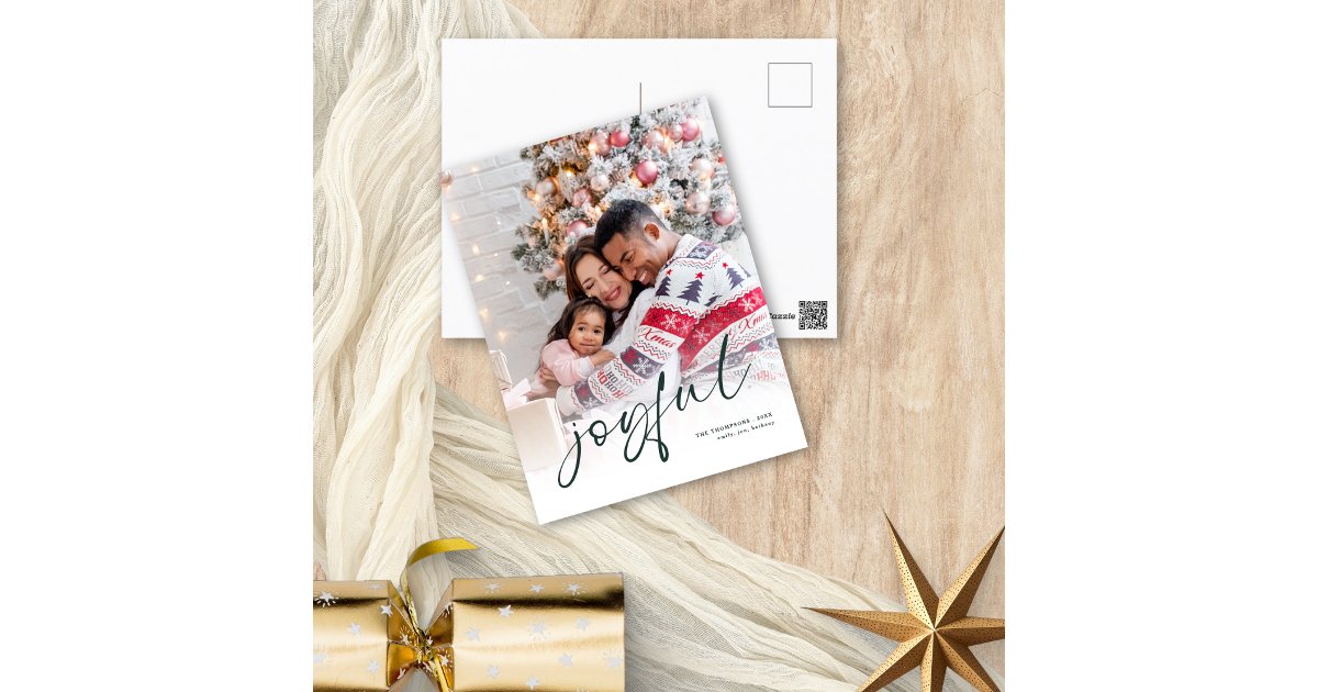 Joyful Photo Overlay Calligraphy Christmas White Holiday Postcard | Zazzle