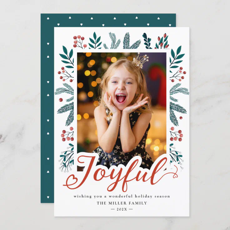 Joyful Script Lettering Holly Berries Photo Holiday Card | Zazzle