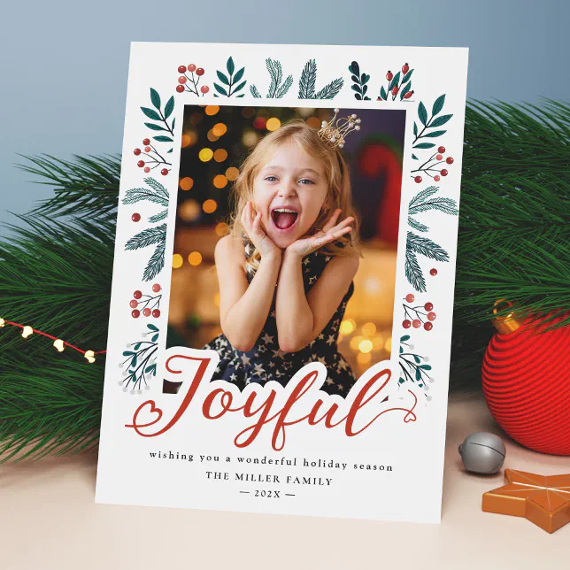 Joyful Script Lettering Holly Berries Photo Holiday Card | Zazzle