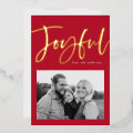 Joyful Script Red Photo Foil Holiday Card | Zazzle