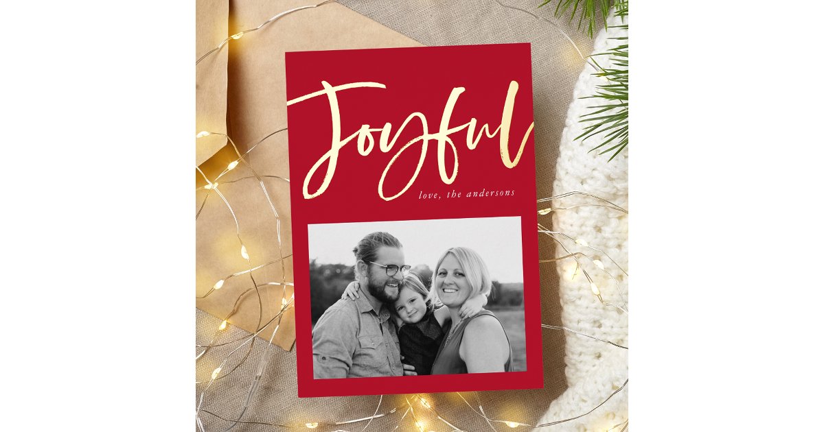 Joyful Script Red Photo Foil Holiday Card | Zazzle