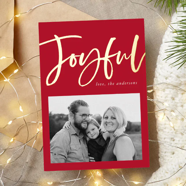 Joyful Script Red Photo Foil Holiday Card | Zazzle