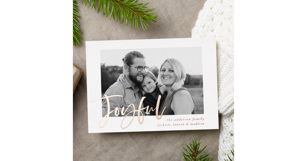 Joyful Script Rose Gold Photo Foil Holiday Card | Zazzle