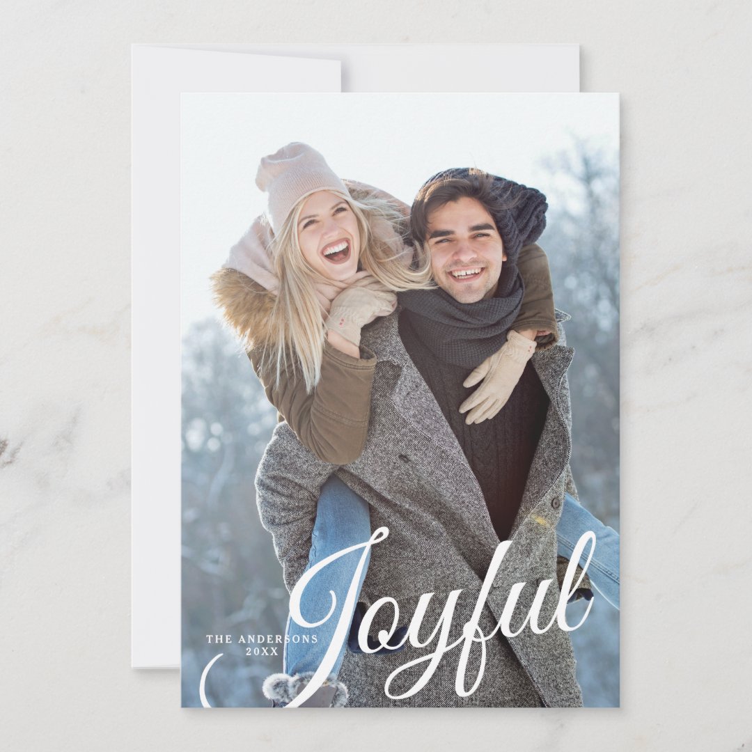 Joyful Script Vertical Photo Christmas Holiday Card | Zazzle