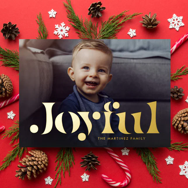 Joyful simple modern one photo Christmas Foil Holiday Card | Zazzle