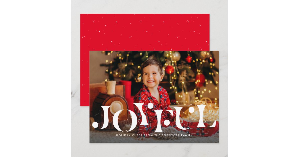 Joyful simple one photo red holiday card | Zazzle
