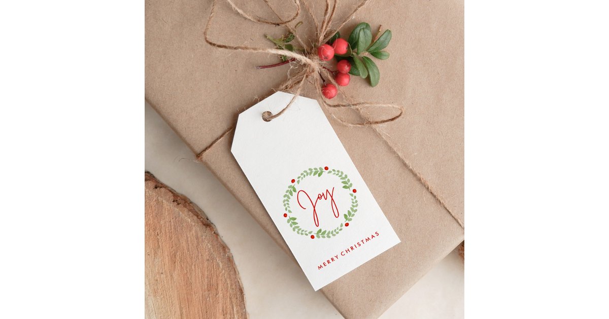 Joyful Watercolor Christmas Wreath Gift Tags | Zazzle