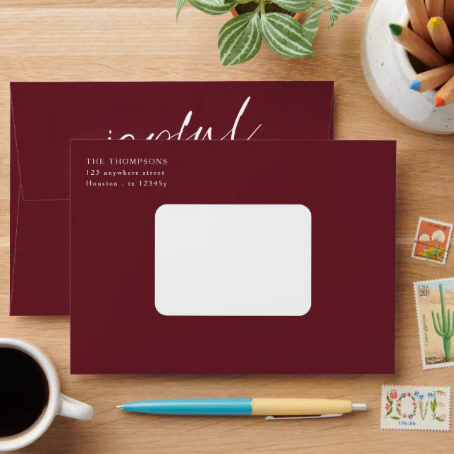 Joyful White Script Return Name Address Burgundy Envelope | Zazzle