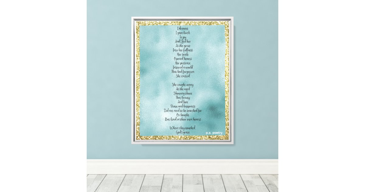 Joy's Birth Poem Mint Gold Glitter Canvas Print | Zazzle