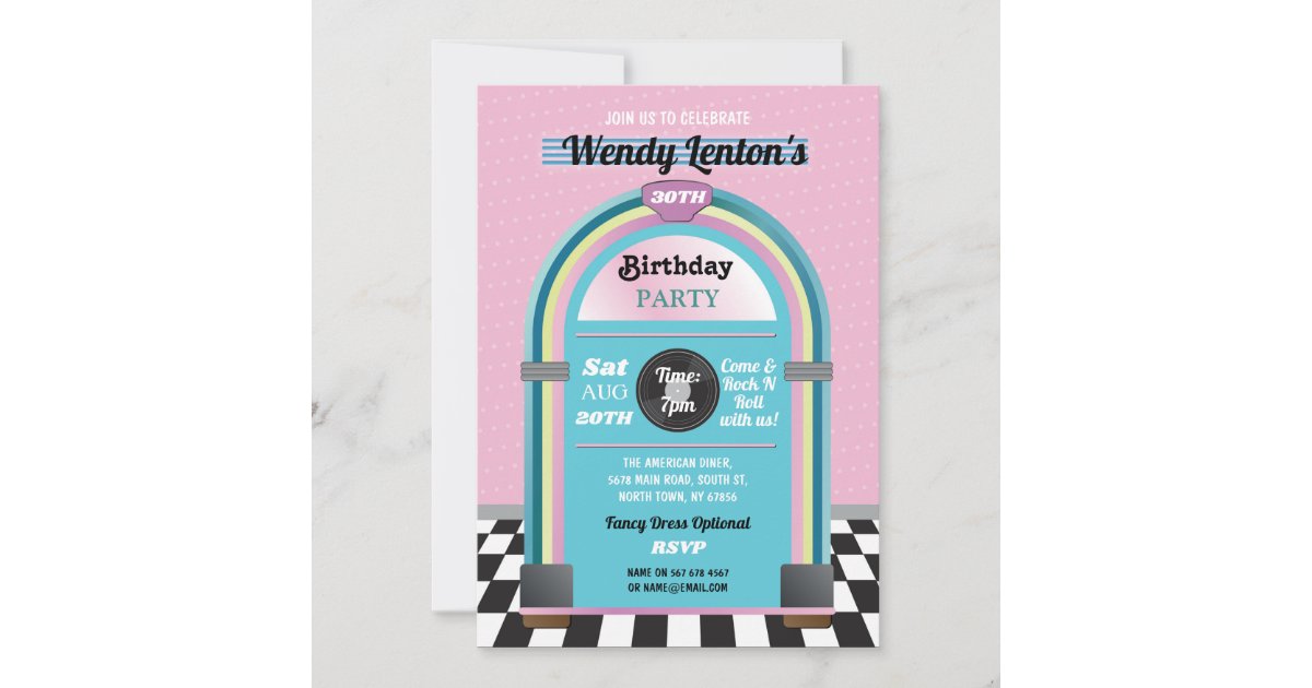 Jukebox Birthday Diner Fifties Retro Music Invite | Zazzle