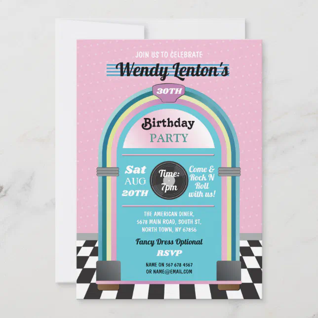 Jukebox Birthday Diner Fifties Retro Music Invite | Zazzle