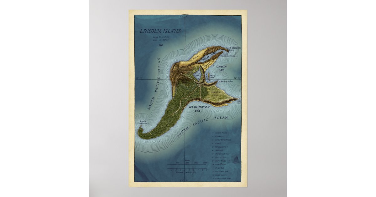 Jules Verne "Mysterious Island" Lincoln Island Map Poster | Zazzle