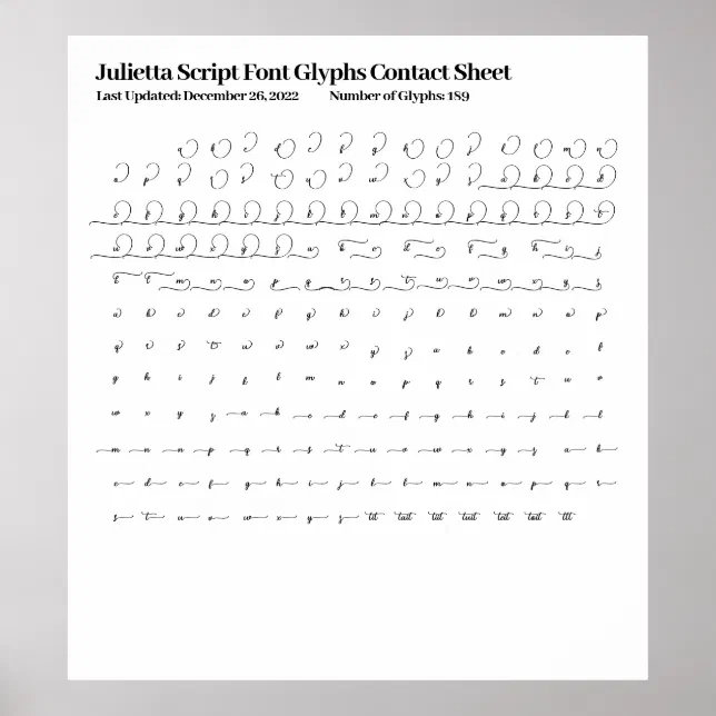 Julietta Script Font Glyphs Contact Sheet Poster | Zazzle