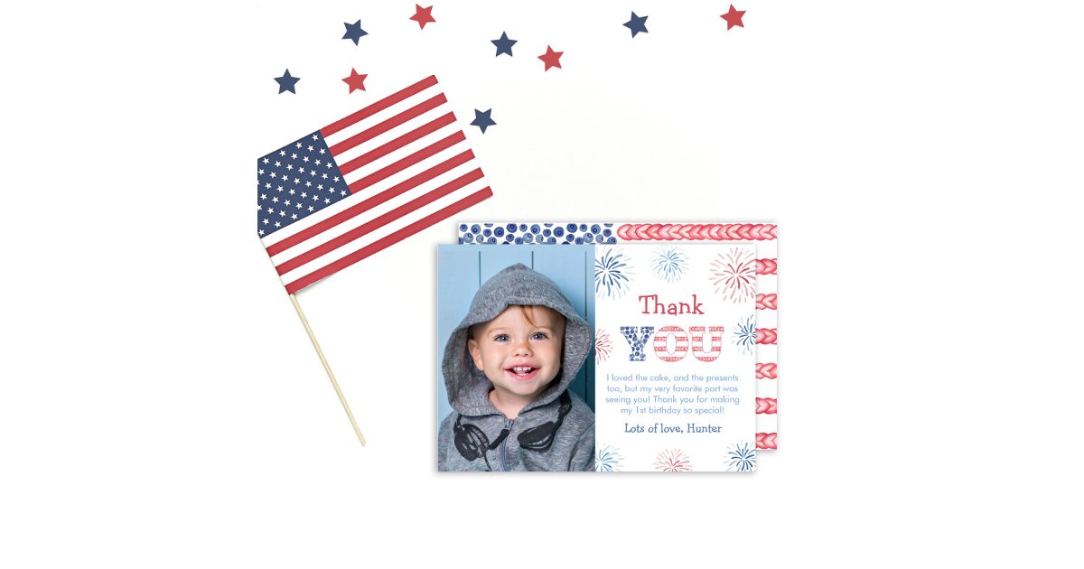 July 4th Red White And Blue Fireworks Kids Photo Thank You Card | Zazzle