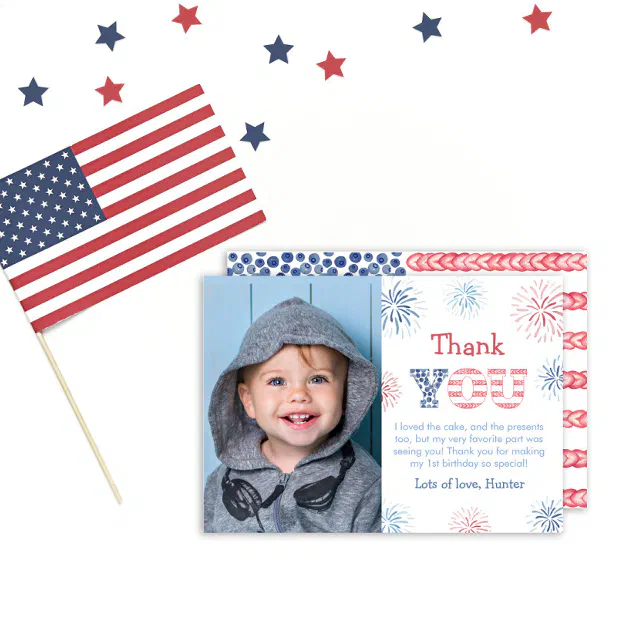 July 4th Red White And Blue Fireworks Kids Photo Thank You Card | Zazzle