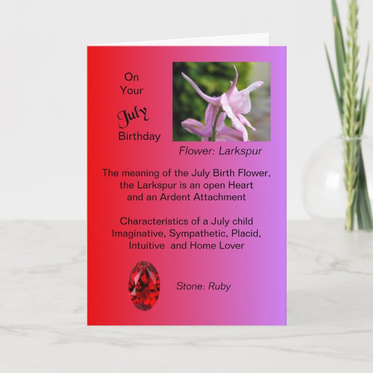 July Birthday Card - Larkspur and Ruby | Zazzle