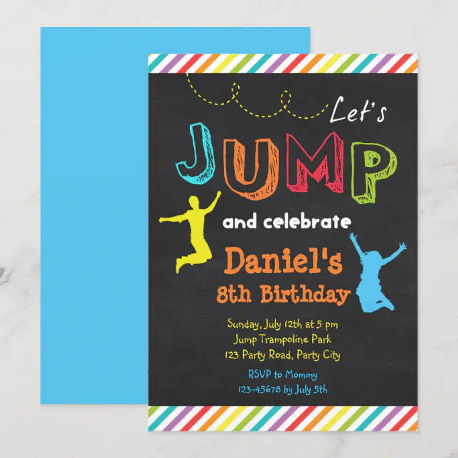 Jump Birthday Invitations (Chalkboard Rainbow) | Zazzle