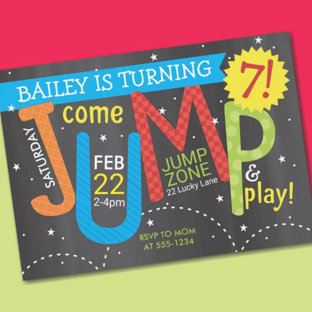 Jump Birthday Party - Brights on Chalkboard Invitation | Zazzle