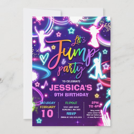 Jump Birthday Party Neon Glow Jump Party Invitation | Zazzle